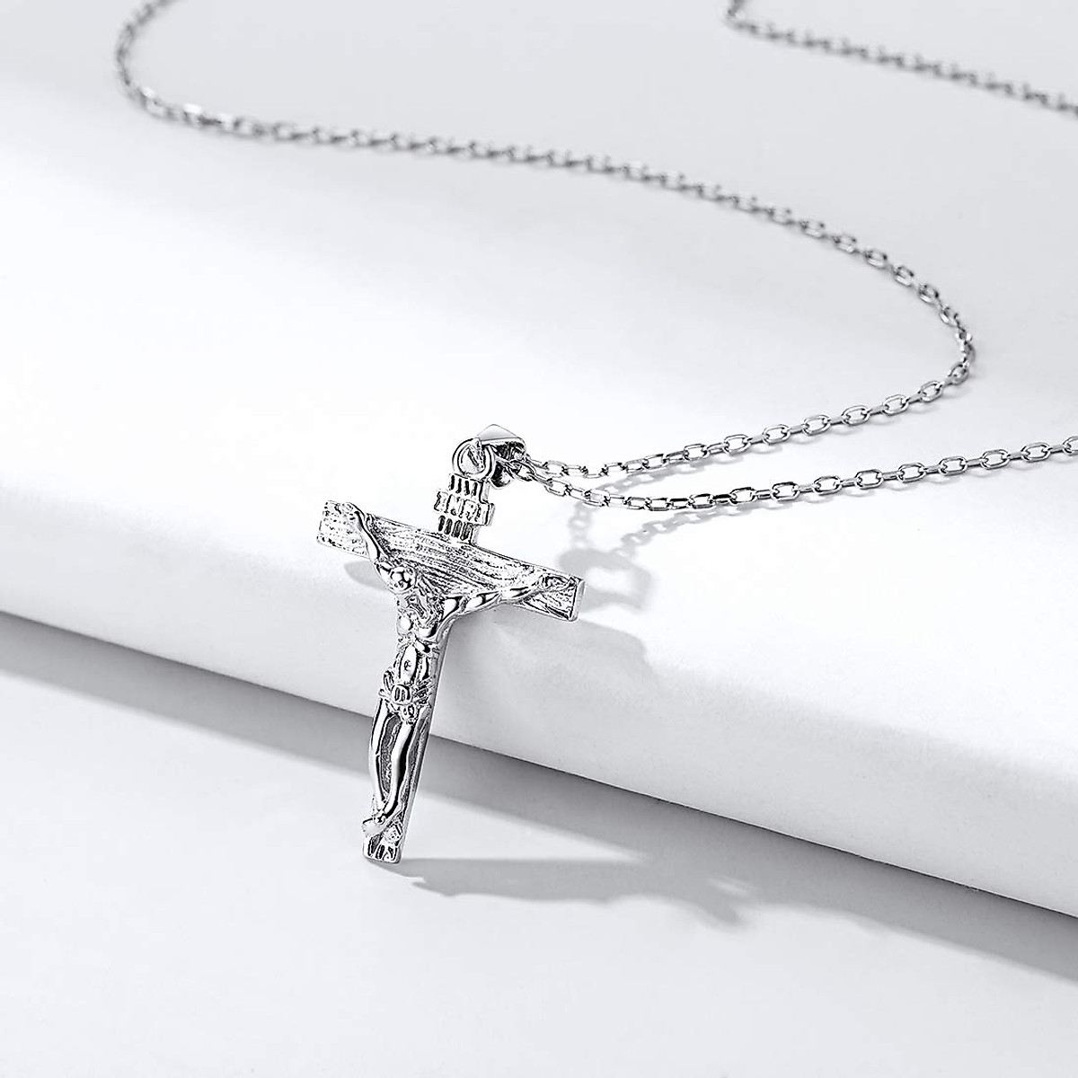 Nofade Silver Cross Necklace for Women Sterling Silver Catholic Jesus Christ on INRI Cross Crucifix Pendant Necklace for Men Religious Chain Christian Jewelry Gift