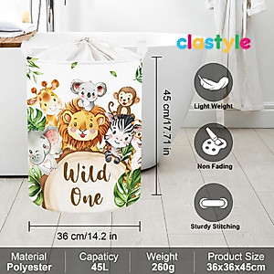Clastyle 45L Large White Jungle Animals Elephant Kid Laundry Hamper with Handle Collapsible Lion Koala Giraffe Clothes Toy Storage Basket with Lid for Nursery