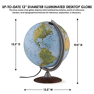 Waypoint Geographic Tactile Relief Globe, 12" Illuminated Blue Ocean-Style World Globe with Raised Relief, Up-to-Date Reference Globe, Decorative Globe for Home and Office Decor