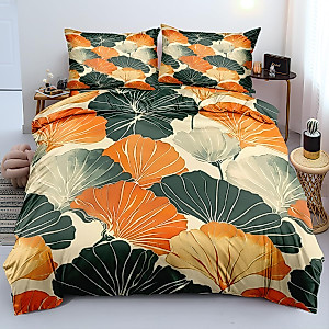 CCoutueChen King Size Ginkgo Leaf Duvet Cover Dark Green Orange Leaves Duvet Cover Set 3 Pieces Aesthetic Botanical Bedding Set with Zipper Closure 4 Ties (2 Pillowcases, No Comforter)