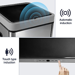 HUG&FKL 16 Gal Assembly Touchless Motion Sensor Rectangular Trash Can with Lid, Lithium Battery Powered, Brushed Stainless Steel, Ideal for Kitchen, Office, Living Room