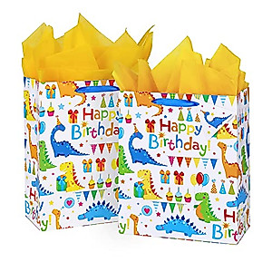 Aiikid 2 Pack Large Gift Bags with Tissue Paper 10.2 x 4.3 x 12.6 Inch Colorful Dinosaur Birthday Gift Bag Goodie Bags for Kids