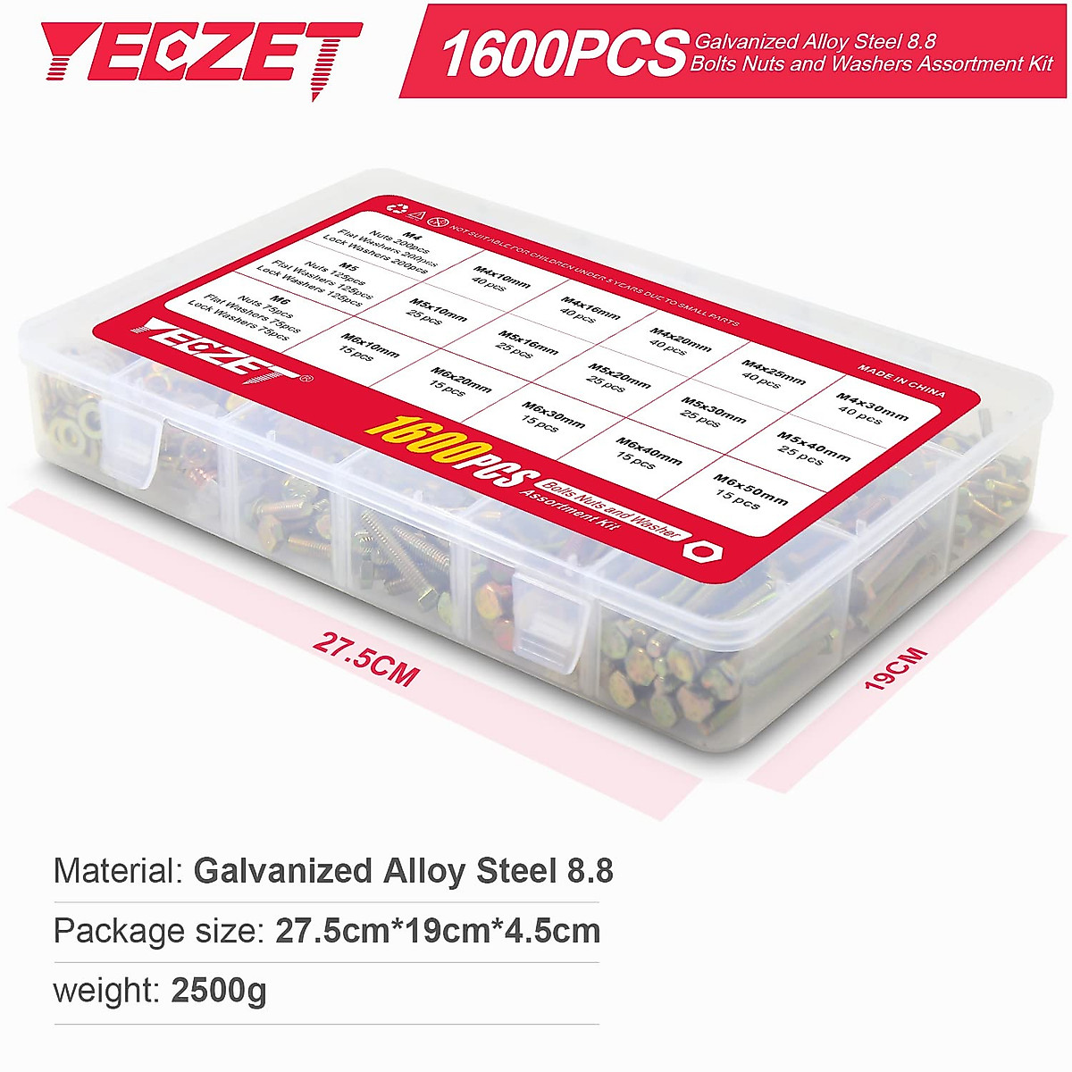 YEEZET 1600PCS M4 M5 M6 Grade 8.8 Heavy Duty Bolts and Nuts Flat & Lock Washers Assortment Kit Includes 15 Most Common Sizes