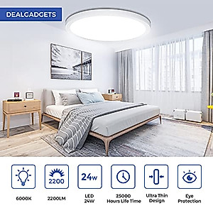 DEALGADGETS Flush Mount Ceiling Light Fixtures,24W Flat led Light for Ceiling,6000K 2200LM Ultra Thin Round White Lamp for Bedroom Kitchen,Bathroom,Garage,Living Room, Dining Room