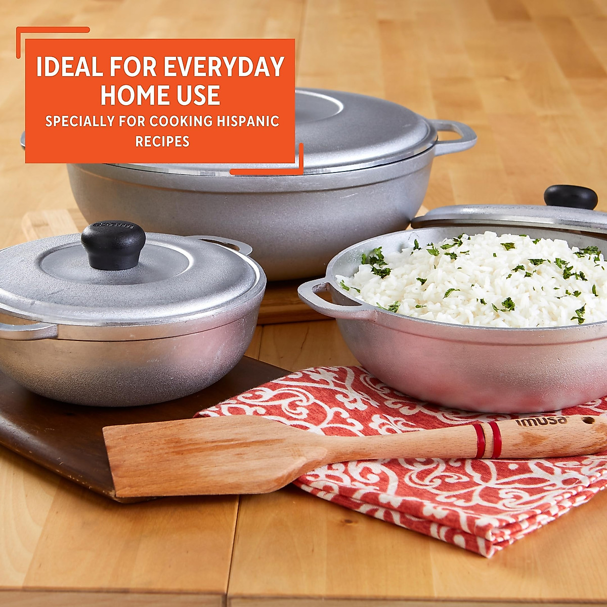 IMUSA USA Traditional Colombian Natural Caldero Matching Aluminum Lid 3-Piece (3.5/7.0/11.0 Quart) Dutch Oven Set, Silver (GAU-89224DS), Large