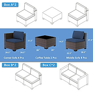 ASJMR Outdoor Patio Furniture Set, 14 Pieces Outdoor Sectional Sofa, All-Weather PE Rattan Conversation Set with Tempered Glass Top Table & Cushions(Dark Blue)