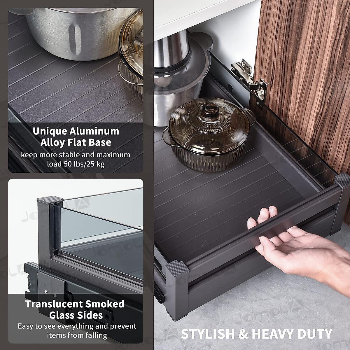 JOMOLA Pull Out Kitchen Cabinet Drawer Roll Out Pantry Shelves Heavy Duty Sliding Tray for Cabinet Full Extension Kitchen Cupboard Slide Out Shelves Organizer with Dividers 17 Inch Wide × 21 Inch Deep