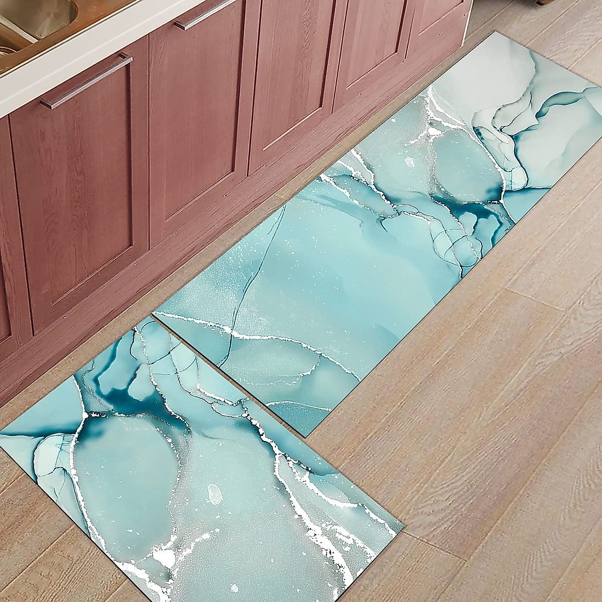 Gemhome Marble Absorbent Kitchen Rugs and Mats Set of 2, Modern Marble Non-Slip Comfort Floor Rug, Doormat Runner Carpet for Laundry Bathroom 15.7x23.6in+15.7x47.2in, Aqua Teal Marble Pattern