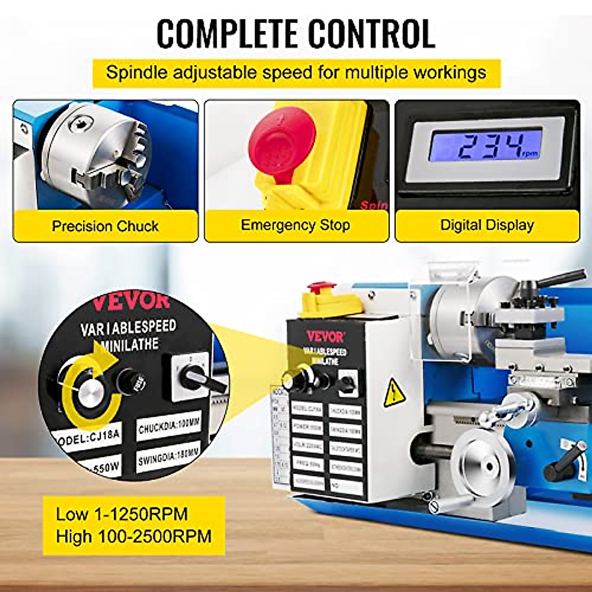 VEVOR Mini Metal Lathe, 7"x14", Benchtop Metal Lathe, 550W Variable Speed 2250 RPM Metal Lathe, with 3-jaw Chuck Mini Lathe Machine, Precision Mini Lathe w/Tool Box Digital Display for Metal Turning