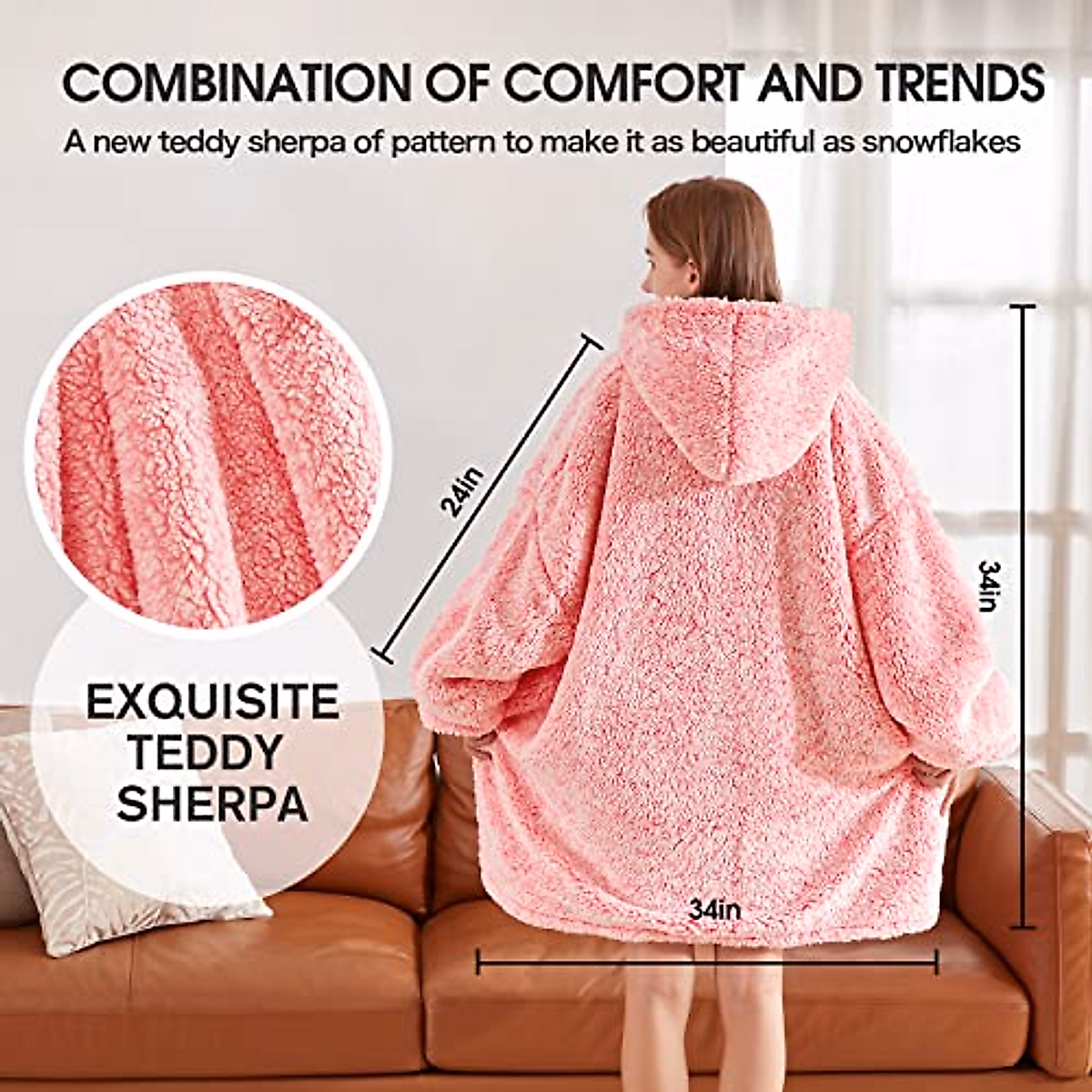 greenoak Blanket Hoodie Oversized Sherpa Wearable Blanket Sweatshirt, Ultra Soft Fuzzy Fleece Hooded Blanket, Plush Cozy Warm Reversible Sherpa Hoodie Blanket for Women Men Adult Teen (Large, Pink)