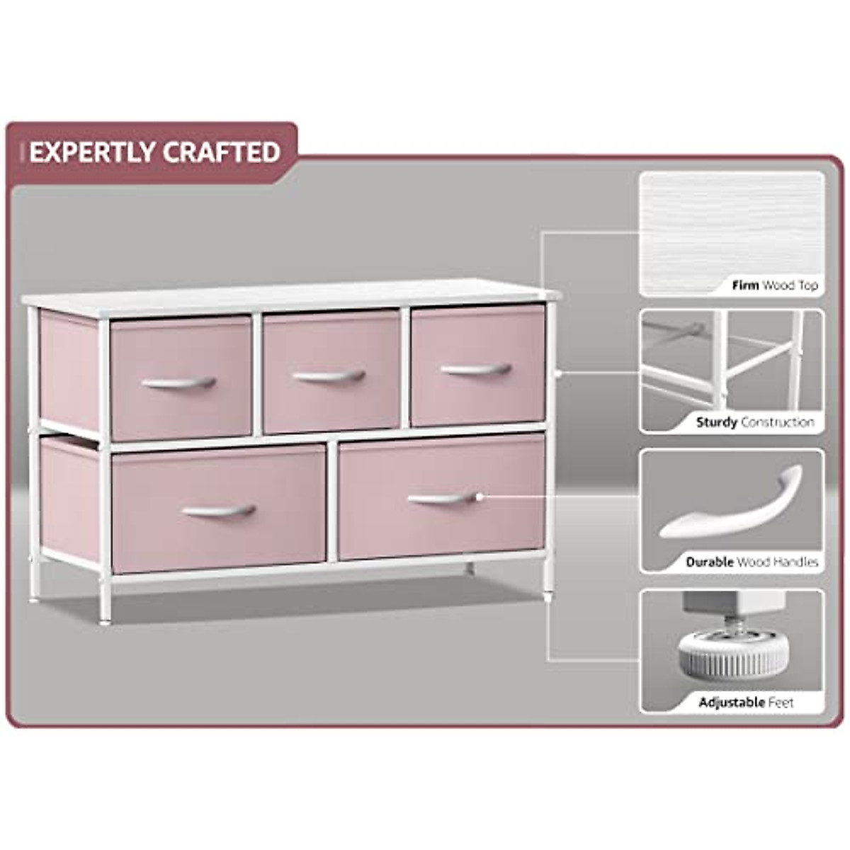 Sorbus Kids Dresser with 5 Drawers - Storage Chest Organizer Unit with Steel Frame, Wood Top, Easy Pull Fabric Bins - Long Wide TV Stand for Bedroom Furniture, Hallway, Closet & Office Organization