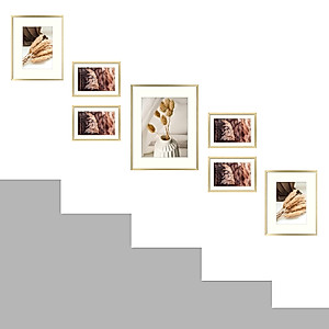 Golden State Art, 7 Pack, One 11x14, Two 8x10, and Four 5x7 Pictures. Aluminum Photos Frame for Wall or Tabletop Display (Gold)