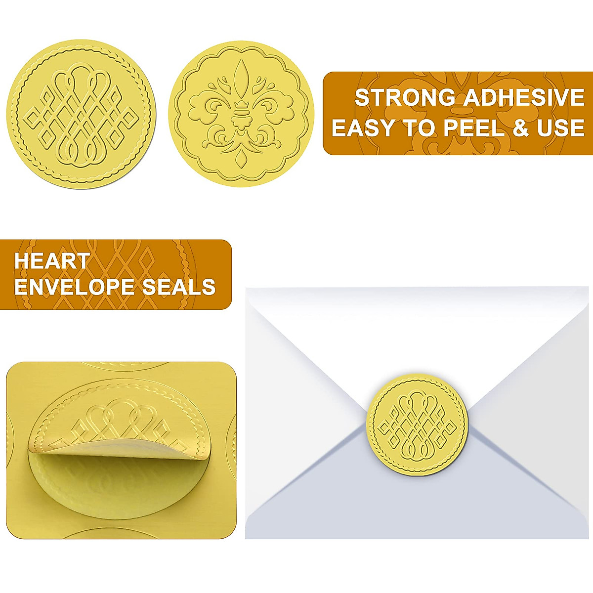 Zonon 100 Pieces Gold Embossed Wax Seals Foil Envelope Sticker Round Embossed Foil Seals Aluminum Foil Sticker Flower Pattern Certificate for Invitations Greeting Cards Party Wedding, 2 Styles