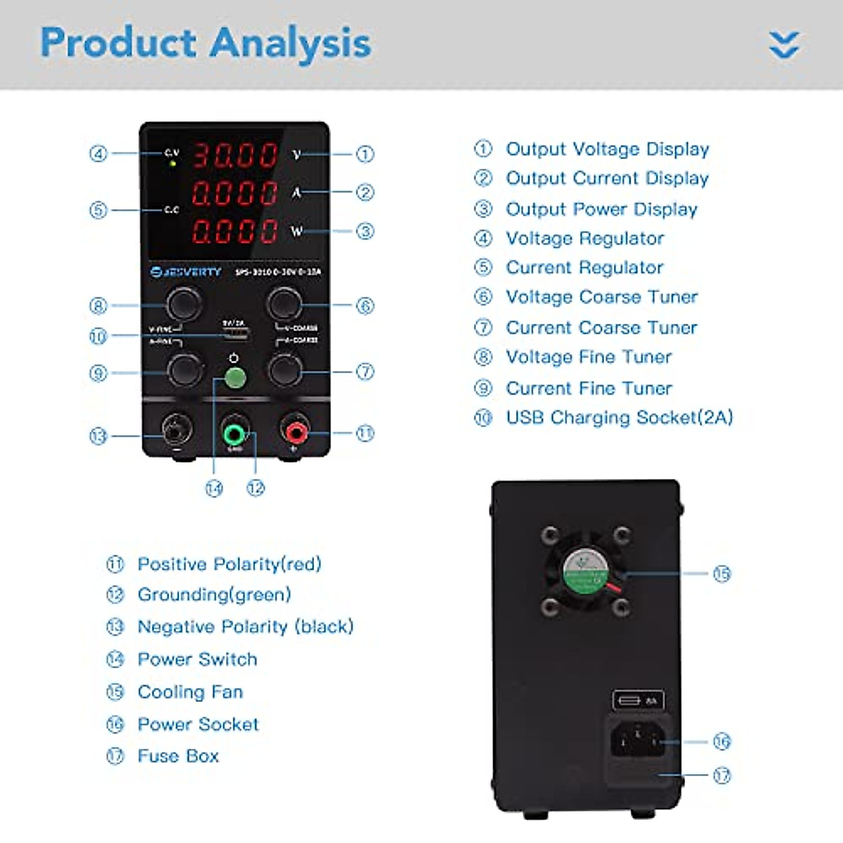 DC Power Supply Variable, 30V 10A Adjustable Switching Regulated DC Bench Power Supply with High Precision 4-Digits LED Display, 5V/2A USB Port, Coarse and Fine Adjustments Jesverty SPS-3010