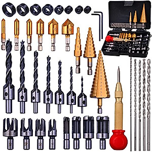 Rocaris 39 Pack Woodworking Chamfer Drilling Tools, Including Countersink Drill Bits, L-Wrench, Wood Plug Cutter, Step Drill Bit, Center Punch, Drill Stop Bit Collar Set, Twist Drill Bit Tool