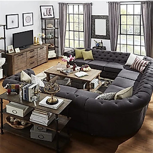 FANCUF 11-Seat Sectional Sofa Linen Sofa for Living Room(Black)