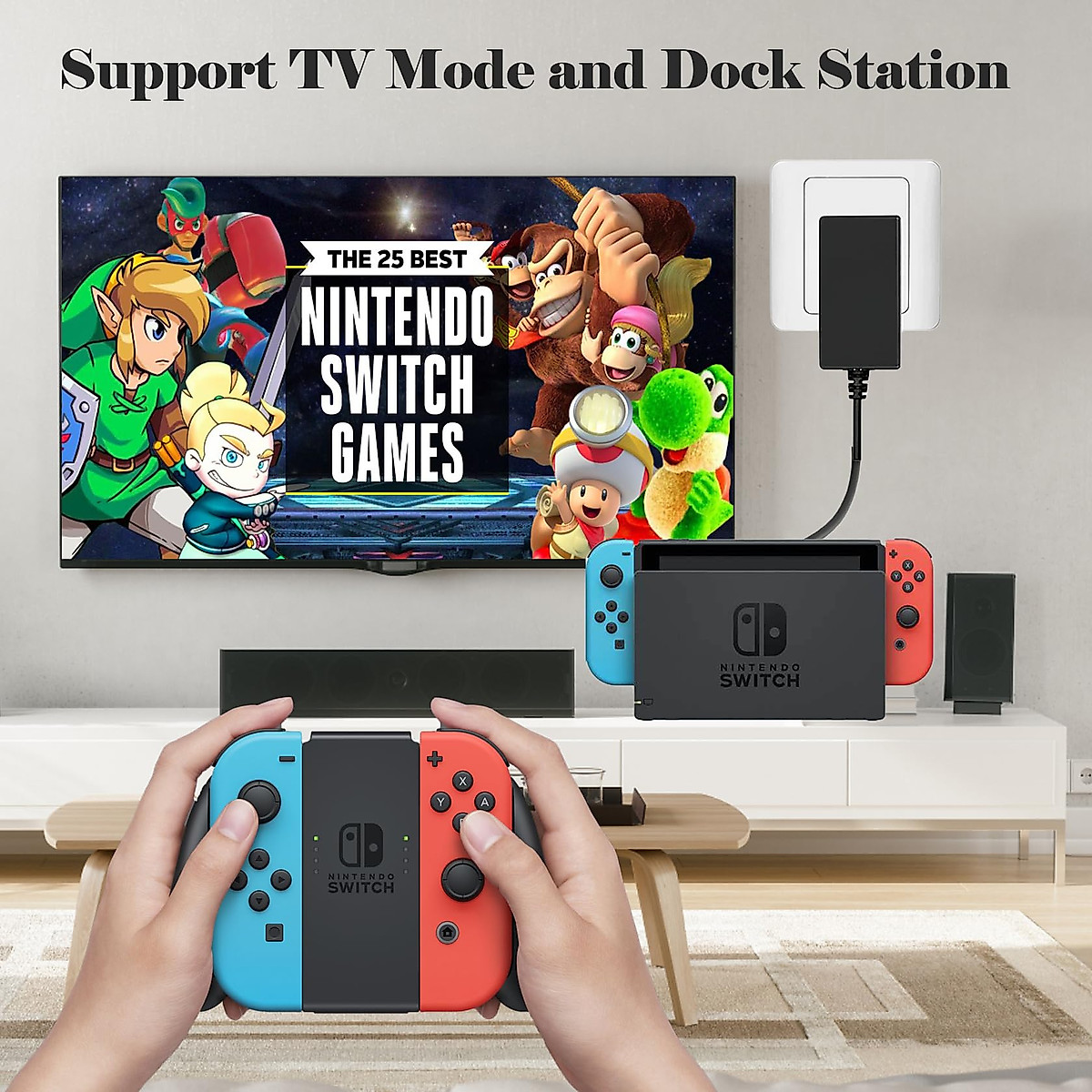 Switch Charger for Nintendo Switch, Switch AC Adapter Power Cord, Charger Cable 15V/2.6A,5V 1.5A Compatible with Nintendo Switch/Switch OLED/Switch Lite Supports TV Mode and Docking Station (Black)