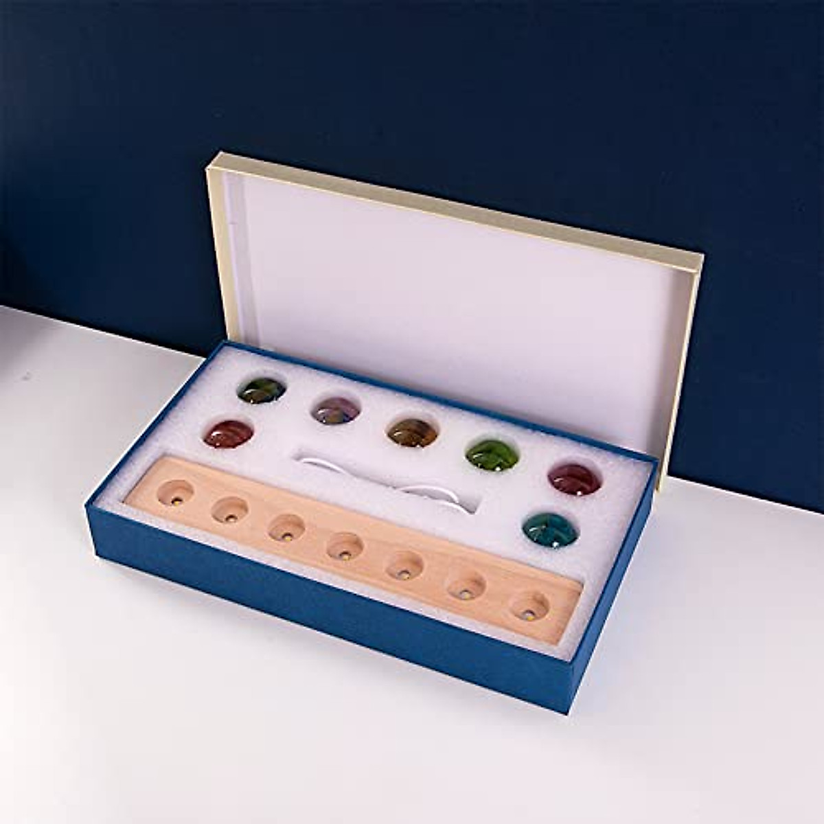 KRISININE 7 Chakra Natural Healing Spheres with LED Wooden Stand 40mm Crystal Quartz Stones for Meditation Positive Energy Night Light Decoration Balls Set for Home Gift Boxed USB