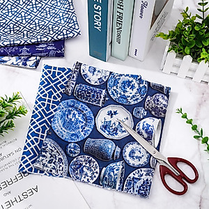 Whaline 12Pcs Blue Chinoiserie Cotton Fabric Bundles 18 x 22 Inch White Blue China Fat Quarters Oriental Quilting Patchwork Squares Sewing Fabrics for DIY Handmade Craft Party Decor
