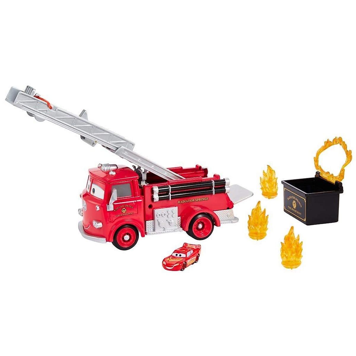 Mattel Disney and Pixar Cars Stunt & Splash Red Fire Truck with Color-Change Lightning McQueen Toy Car, Working Hose, Dunk Tank & More