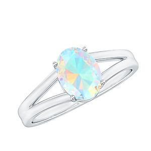 Rosec Jewels Natural Opal Oval Engagement Ring, AAA Quality, 6X8 MM Ethiopian Opal Split Shank Engagement Ring - Ready To Gift, 14K White Gold, Size:US 9.00
