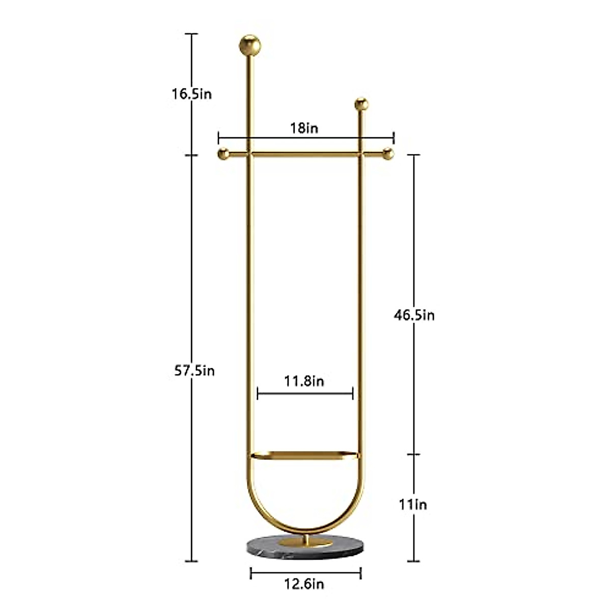 FJANKUI Metal Coat Rack Standing, Modern Floor Freestanding Coat Hanger Rack with Marble Base and Shelves, for Bedroom, Living room, Hallway, Entryway, Office and Shop (Gold)