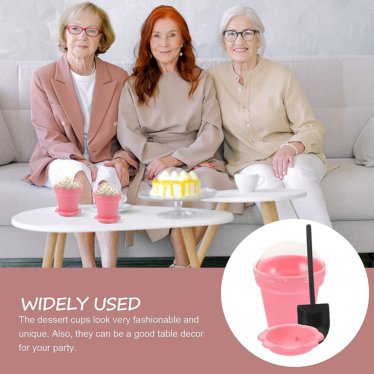 Kichvoe Flower Pot Dessert Cups 25 Sets Novelty Ice Cream Cups with Dome Lids Shovel Spoon for Appetizer Mousse Parfait Yogurt Pink