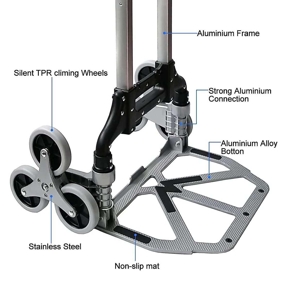 Double Rhombus Stair Climbing Cart Portable Folding Hand Truck, 330 LBS Capacity Aluminium Trolley with 3-Level Height Adjustable Telescoping Handle, 6 Rubber Wheels, 2 Bungee Cords, All Terrain