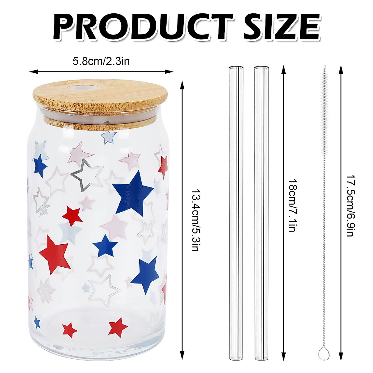 Whaline Patriotic Drinking Glasses with Bamboo Lids and Straw 4th of July Beer Can Glasses 16oz Red Blue White Star Iced Coffee Cups for Independence Day Travel Office Home Gifts, 2Pcs