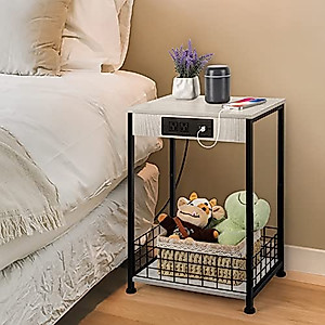 Vrisa Nightstands Set of 2 with Charging Station Small Bedside Tables with Storage Basket Farmhouse Night Stand with USB Ports and Outlets for Bedroom Living Room Home Decor Gray White