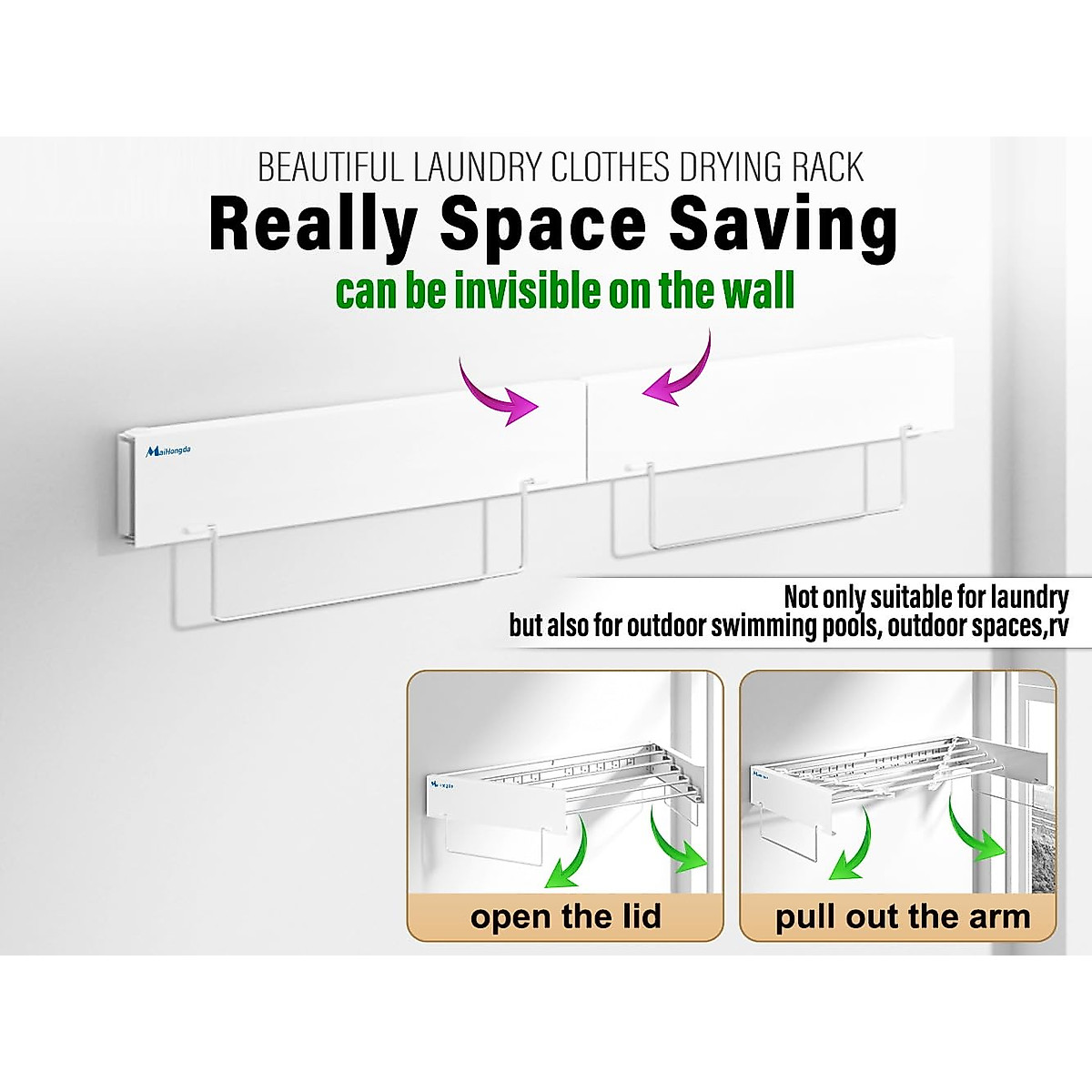 MaiHongda Invisible Wall Mounted Laundry Clothes Drying Rack Clothing Retractable Wall Hanger Collapsible Hanging Towel Holder for Laundry Bathroom Indoor/Outdoor(White,5 Rods,32")