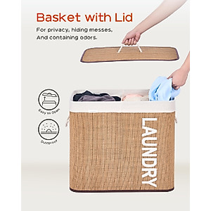 CASAMAYA Laundry Basket, 33.6 Gal (127L) Bamboo Laundry Hamper with 2 Section, Hamper with lid, Foldable, Removable and Machine Washable Liner, for Laundry Room, Bedroom, Natural LHB127Y01
