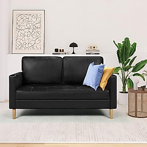 AILEEKISS 57'' Modern Loveseat Sofa Mid-Century Faux Leather 2-Seat Sofa Couch Upholstered Love Seats with Pillows for Living Room, Bedroom, Office, Small Space (Black 02)
