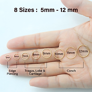 Small Cartilage Hoop Earrings for Women/Men, Thin Piercing Hoop Ring for Helix, Tragus, Conch, Nose (1 Pair 7mm,22g,14K Gold Filled)