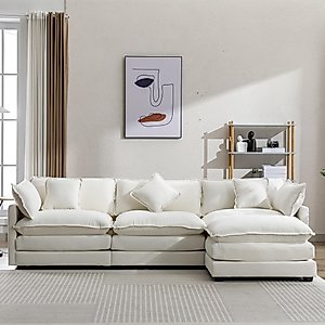 JURMALYN 111.4" Chenille Sectional Sofa Couch Comfy Cloud Sofa Couch L-Shape Upholstered Sofa with Ottoman & Pillows for Living Room Apartment Office, Beige
