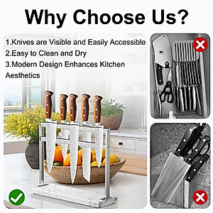 HomeSimplex Magnetic Knife Holder Block Stand - Magnetic Knife Stand for Counter Top - Double Sided Magnetic Knife Block - Stainless Steel Kitchen Knife Storage Rack - Marble Base, White