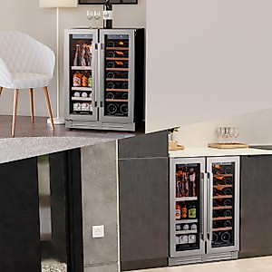 Ca'Lefort Wine and Beverage Refrigerator - 24 inch Dual Zone 60 Cans 20 Bottles Drink Fridge with Glass Door, 3 Color LED Lights Wine Cooler for Beer Soda for Home Office Bar Bedroom