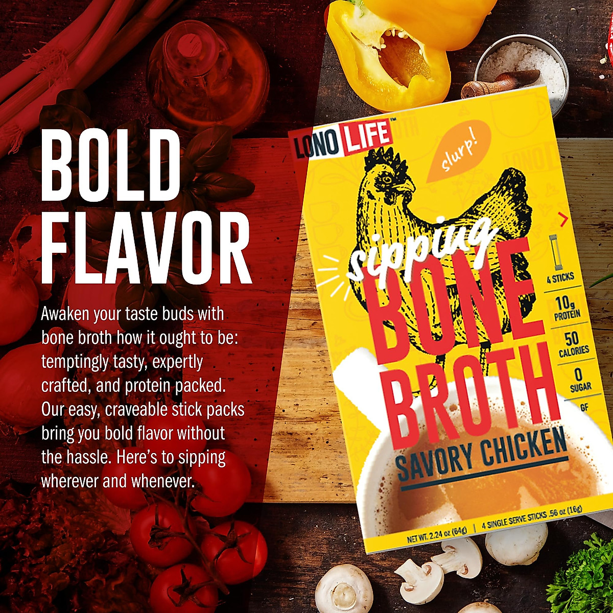 LonoLife Chicken Bone Broth Sticks: 10g Protein, Keto-Friendly, 10 Portable Servings