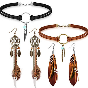 Hicarer 2 Sets Native American Jewelry Set for Women 2 Pieces Faux Suede Choker Necklace Faux Leather Choker and 2 Pairs Bohemian Artificial Feather Earrings Boho Dream Catcher Earring Western Jewelry