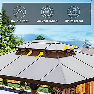 DHPM 10' x 12' Hardtop Gazebo, Permanent Outdoor Aluminum Patio Gazebo with Aluminum Composite Polycarbonate Double Roop for Patio Lawn and Garden, Curtains and Netting Included