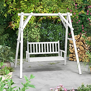 HAPPYGRILL Wooden Outdoor Porch Swing for 3, Heavy Duty Patio Hanging Bench Chair with 800 LBS Weight Capacity, 5.6 FT Adjustable Upper Chains, Slatted Back, Swing Bench for Garden, Backyard