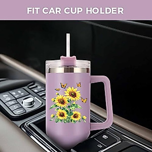 LB LEOBON 40 ounce insulated cup with handle, double-layer vacuum stainless steel material, equipped with straw, can keep warm or maintain cold drinks Spring Sunflower Butterfly Fragrant taro purple