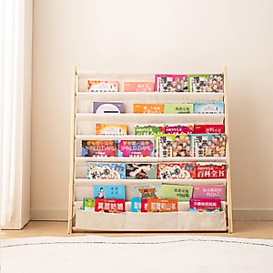 Wooden Bookshelf for Kids Wood Bookrack Canvas Book Storage Shelf Display Bookshelf 6 Tier Kids Book Rack for Bedroom Living Room Playroom Storage Organizer Natural (29.52" L x 11.81" W x 31.10" H)