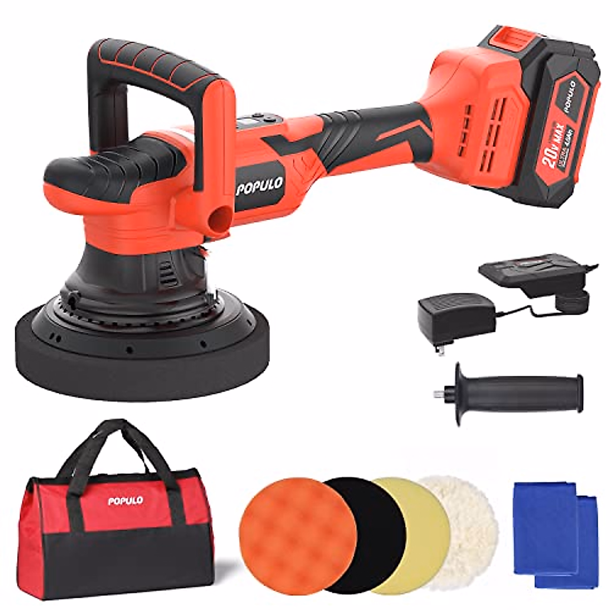 POPULO Brushless Buffer Polisher, 6-inch Cordless Polisher DA Random Orbital Car Waxer with Variable with Digital Display, 7 Speed Changes 2000-4800 RPM, 4.0Ah Lithium Battery 4 Foam Pads…