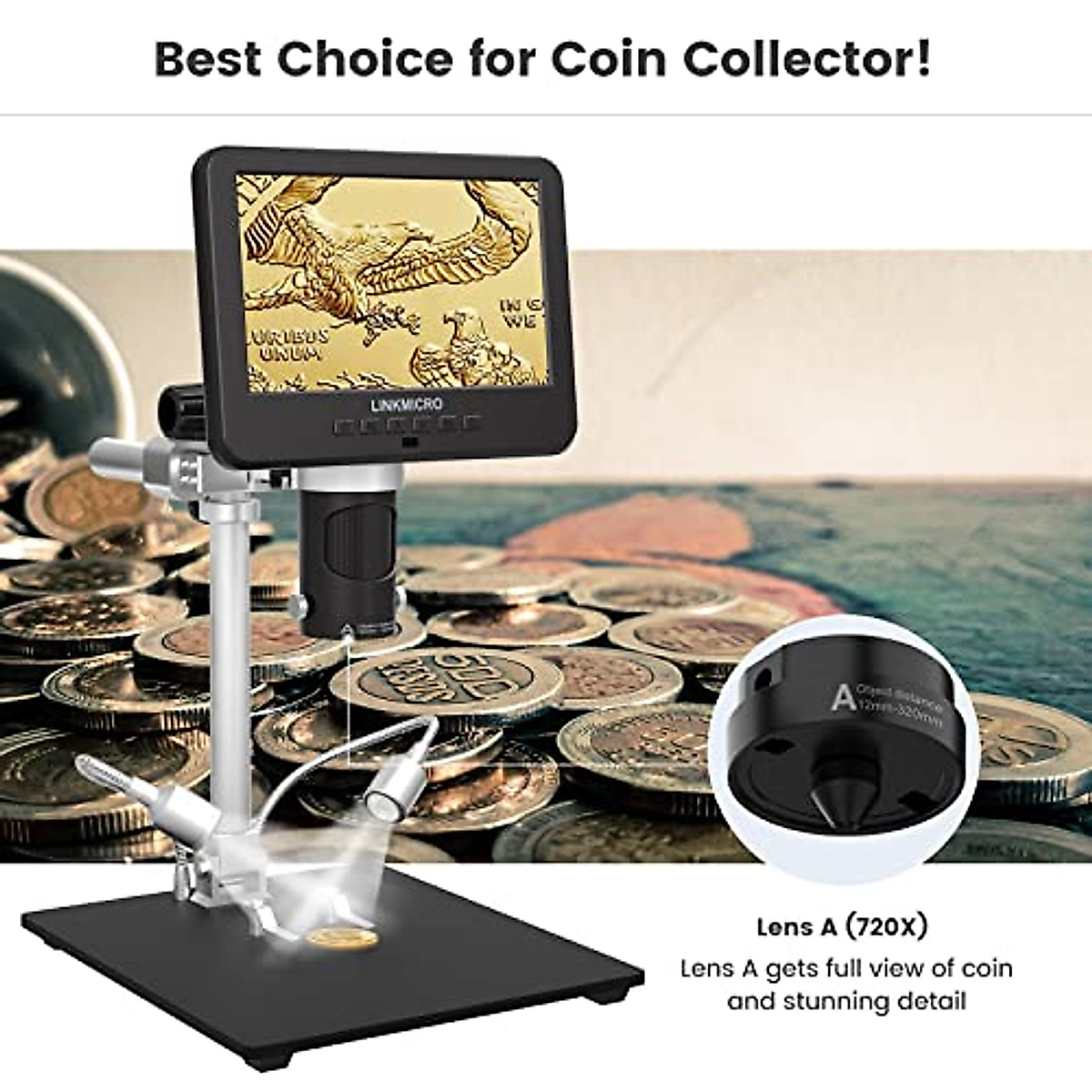 3 Lens 7 inch HDMI Digital Microscope 2000X for Soldering with 13'' Arm Boom Stand LINKMICRO LM246MS UHD 2160P Error Coin Microscope Full View of Coins, Microscope Kit for Adults, PCB Repair DIY