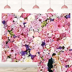 Pink Floral Photography Backdrop Mother's Day Decoration 7x5FT Flower Wall Photo Background for Girls Bridal Wedding Baby Shower Birthday Party Cake Tables Decoration Studio Props