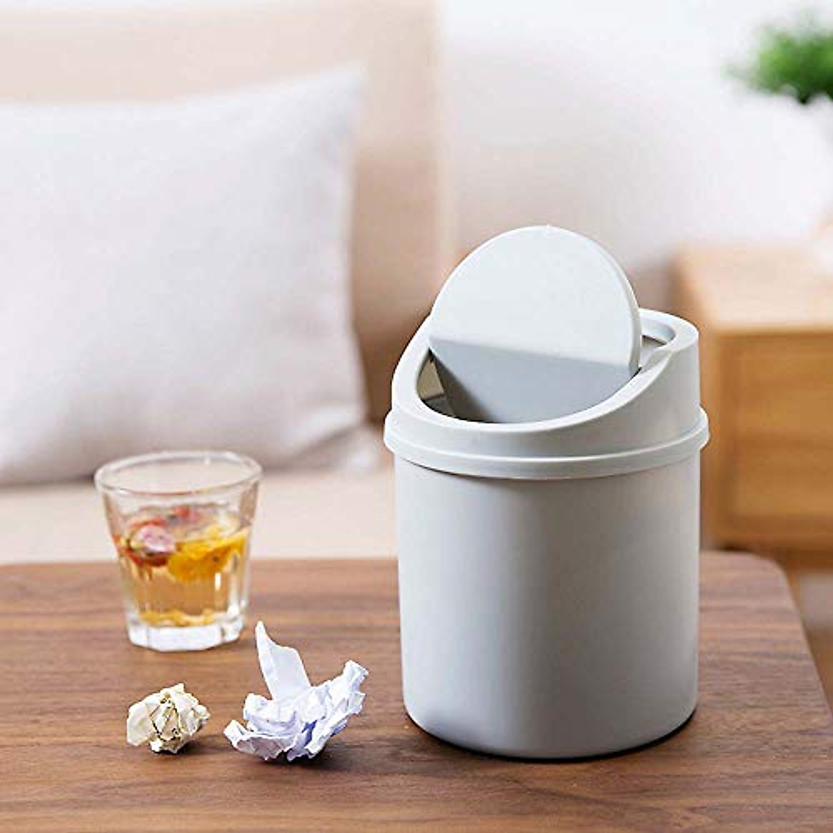 REBABA Desktop Mini Trash Can with Swing Lid, Plastic Tiny Waste Bin Countertop Trash Can for Office Bathroom Kitchen Hotel(Grey)