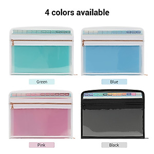 Mukawa 13 Pocket Expanding File Folder, Zipper Accordion File Folder, Expandable Folder with Customized Labels, Document Organizer for School Kids, Office Paper Organizer, Letter Size (Green)