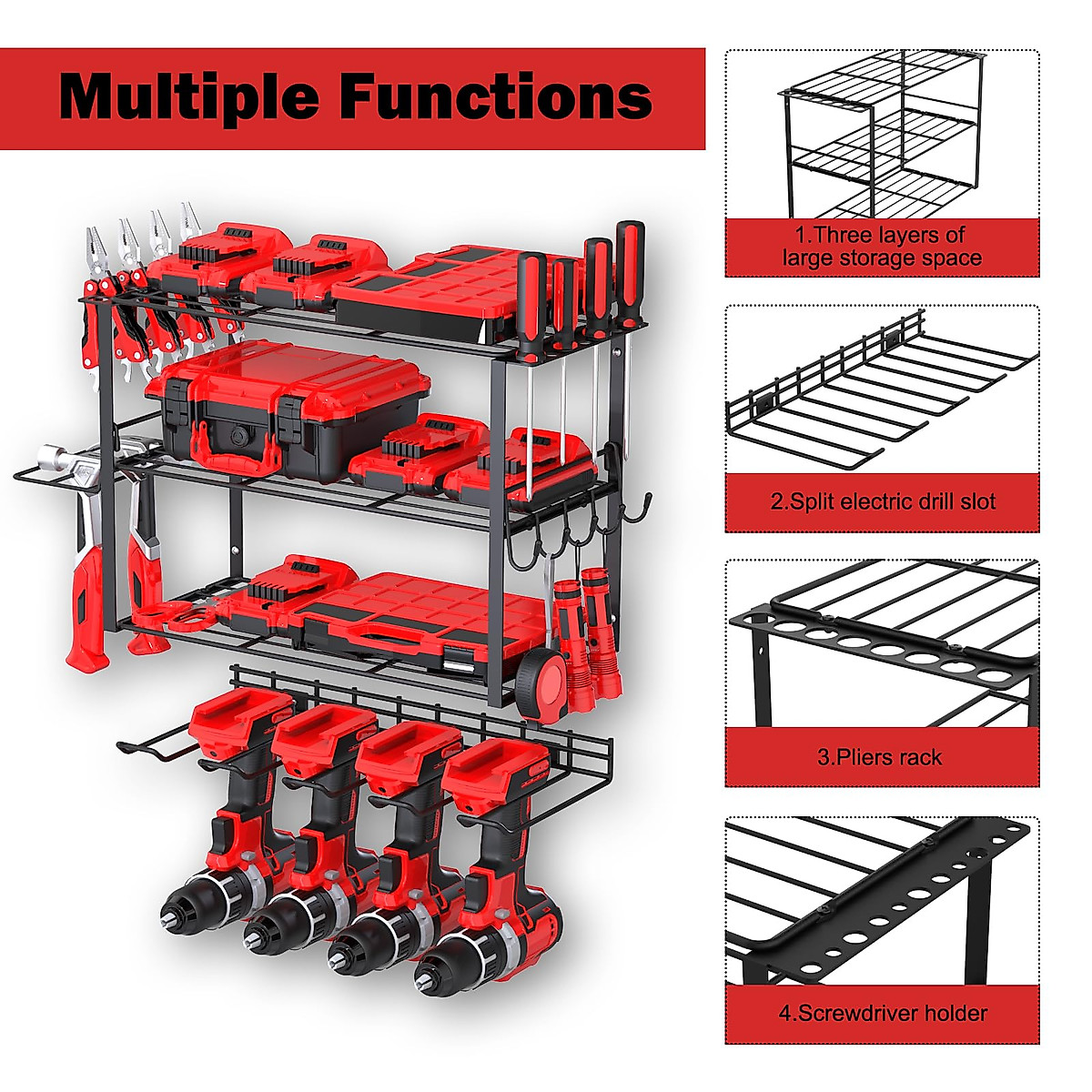 Power Tool Organizer, 4 Layer Drill Holder Wall Mount, Drill Rack for Garage Organization, 4 Slot Separate Design, Power Tool Storage Rack, Heavy Duty Metal Tool Shelf, Best Present for him