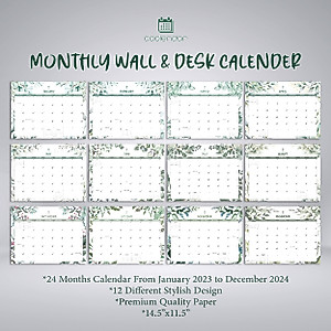 COOLENDAR 2023 Wall Calendar, Monthly Calendar 24 Months from January 2023 to December 2024, Hanging Calendar 2023 for Wall, Monthly Planner 2023-2024, 2023 Desk Calendar with Large Occasions (GRN1)
